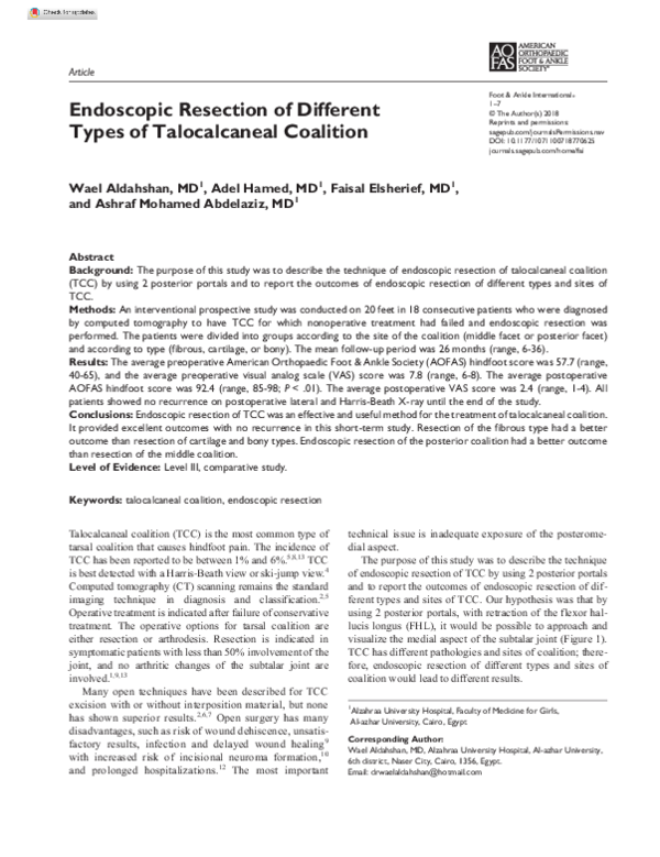 (PDF) Endoscopic Resection of Different Types of Talocalcaneal Coalition