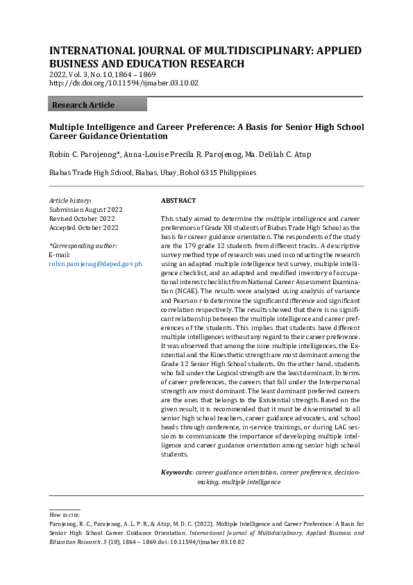 (PDF) Multiple Intelligence and Career Preference: A Basis for Senior ...