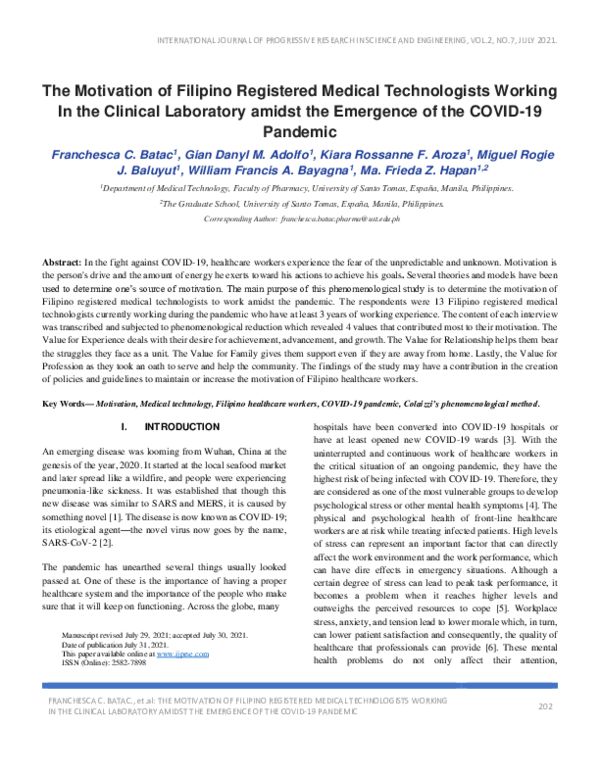 (PDF) The Motivation of Filipino Registered Medical Technologists ...