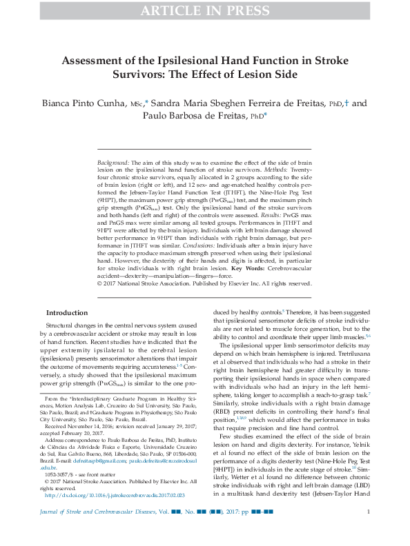 (PDF) Assessment of the Ipsilesional Hand Function in Stroke Survivors ...