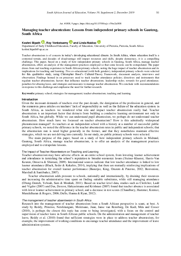 (PDF) Managing teacher absenteeism: Lessons from independent primary ...