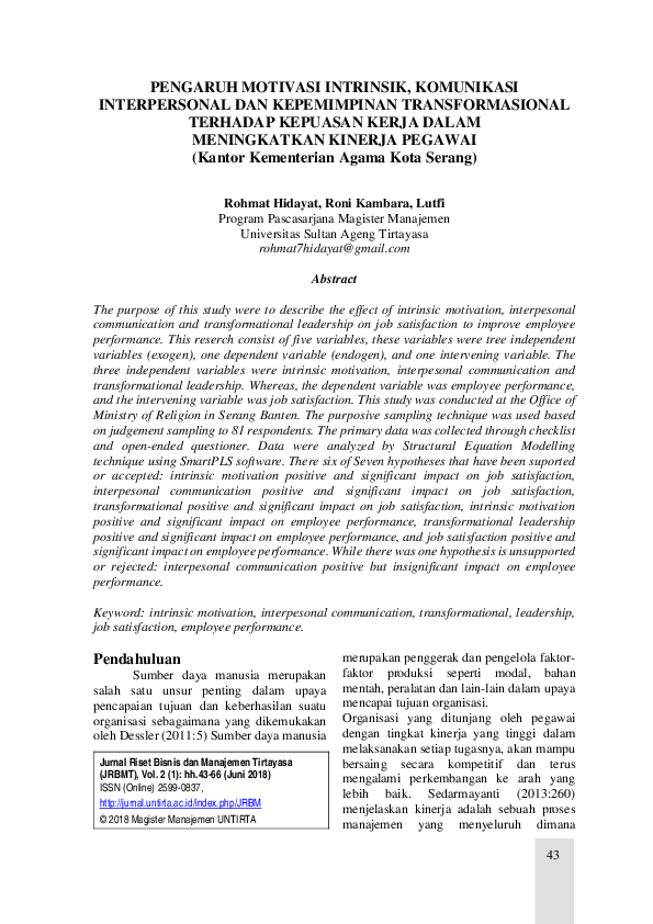 (PDF) PENGARUH MOTIVASI INTRINSIK, KOMUNIKASI INTERPERSONAL DAN KEPEMIMPINAN TRANSFORMASIONAL ...