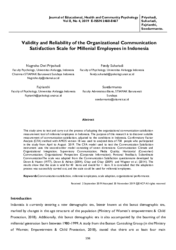 Pdf Validity And Reliability Testing Of The Organizational Communication Satisfaction Scale