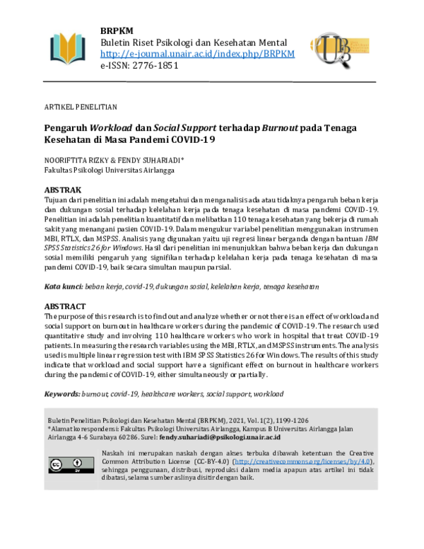 (PDF) Pengaruh Workload dan Social Support terhadap Burnout pada Tenaga Kesehatan di Masa ...
