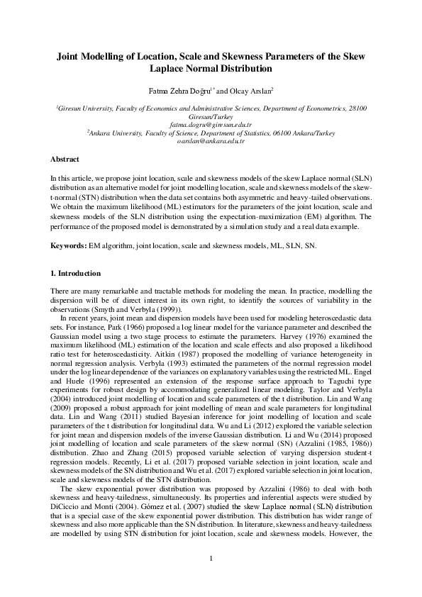 Pdf Joint Modelling Of Location Scale And Skewness Parameters Of The Skew Laplace Normal