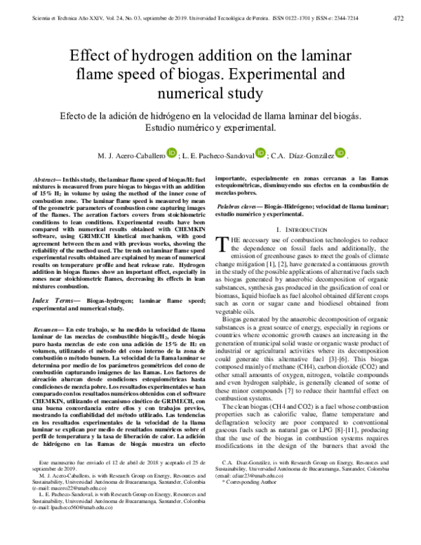 (PDF) Effect of hydrogen addition on the laminar flame speed of biogas. Experimental and ...