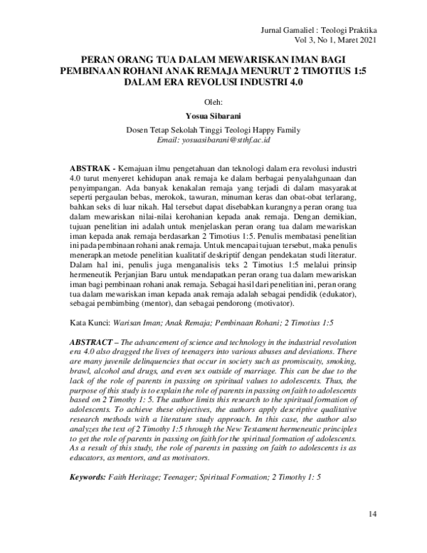 (PDF) Peran Orang Tua Dalam Mewariskan Iman Bagi Pembinaan Rohani Anak Remaja Menurut 2 Timotius ...