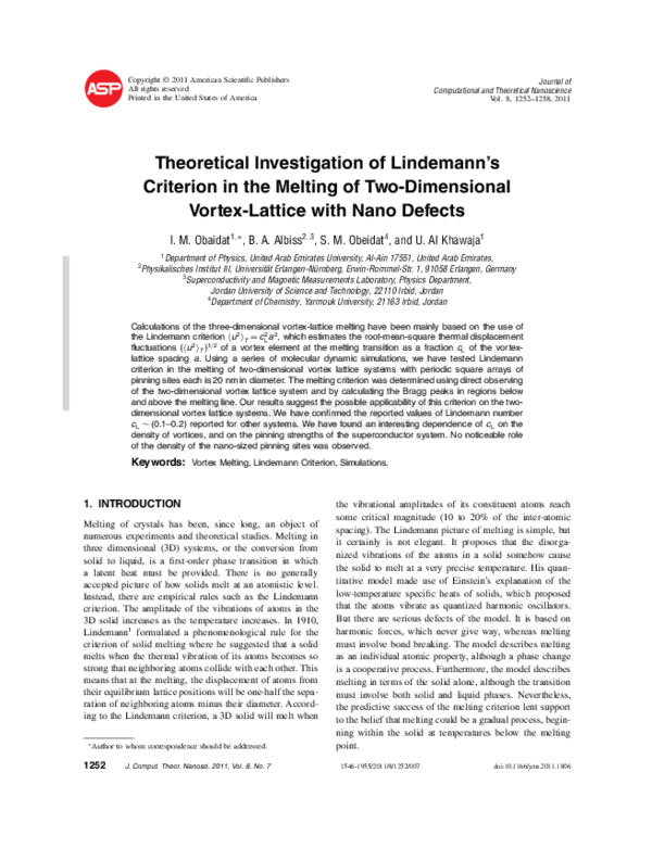 (PDF) Theoretical Investigation of Lindemann's Criterion in the Melting of Two-Dimensional ...