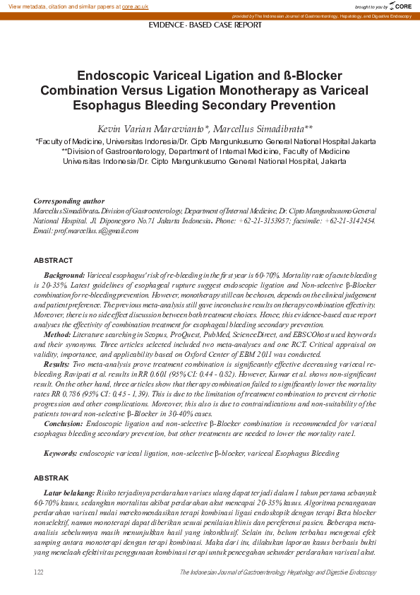 (PDF) Endoscopic Variceal Ligation and ß-Blocker Combination Versus ...