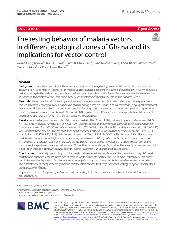 (PDF) The resting behavior of malaria vectors in different ecological ...