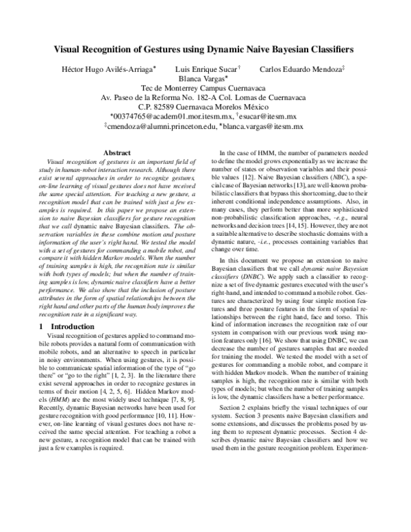 (PDF) Visual recognition of gestures using dynamic naive Bayesian classifiers