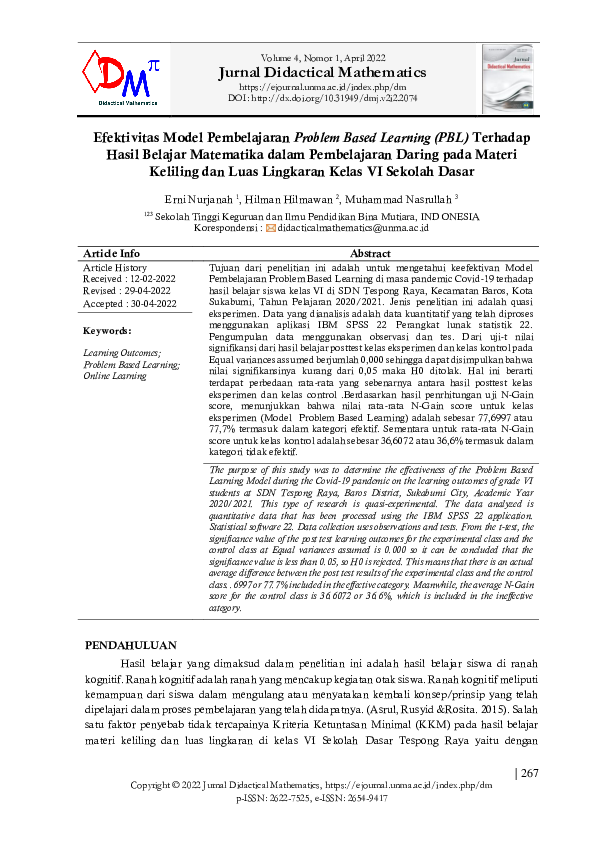 (PDF) Efektivitas Model Pembelajaran Problem Based Learning (PBL) Terhadap Hasil Belajar ...