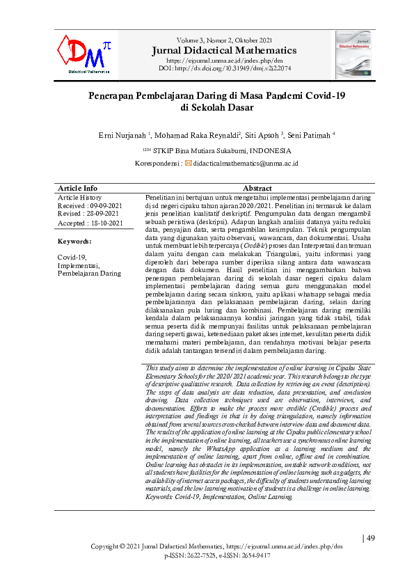 (PDF) Penerapan Pembelajaran Daring di Masa Pandemi Covid-19 di Sekolah Dasar
