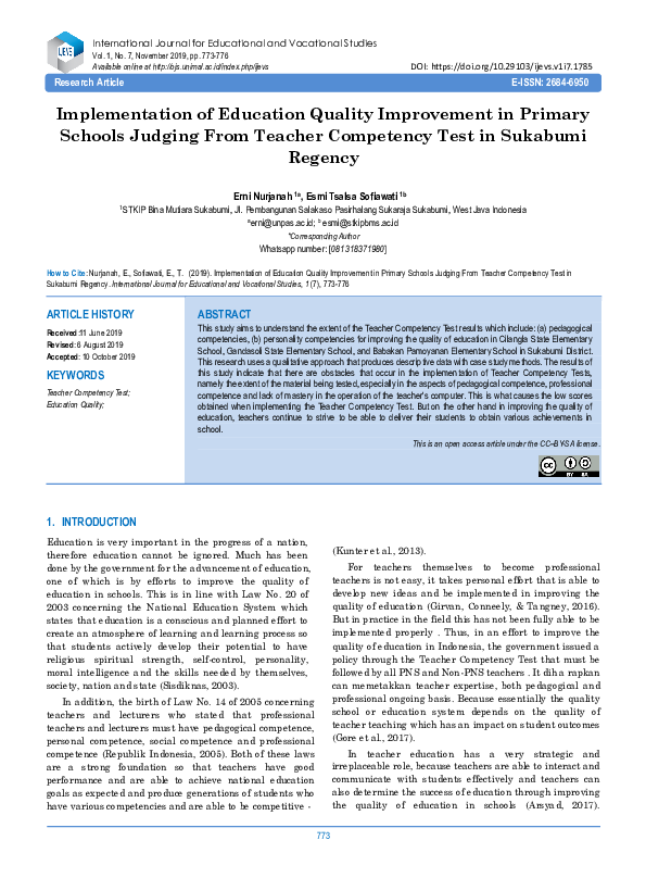 (PDF) Implementation of Education Quality Improvement in Primary Schools Judging From Teacher ...