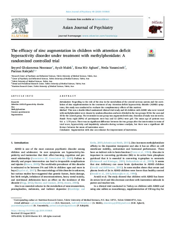 (PDF) The efficacy of zinc augmentation in children with attention ...