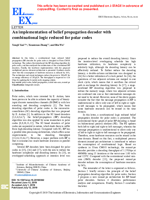 Pdf An Implementation Of Belief Propagation Decoder With Combinational Logic Reduced For Polar