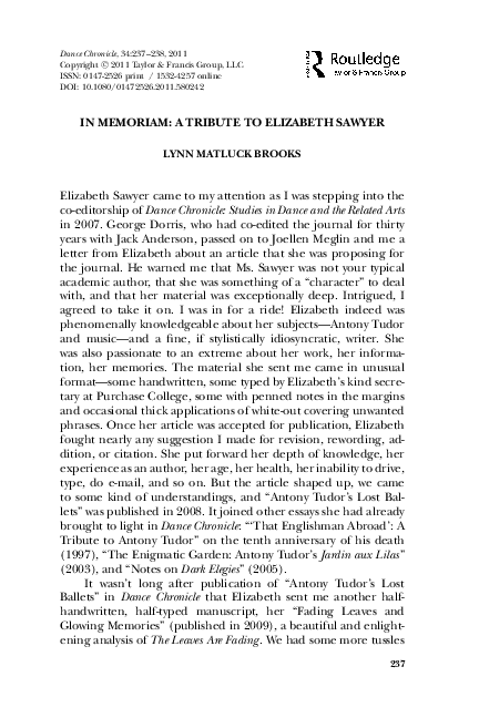 (PDF) In Memoriam: A Tribute to Elizabeth Sawyer