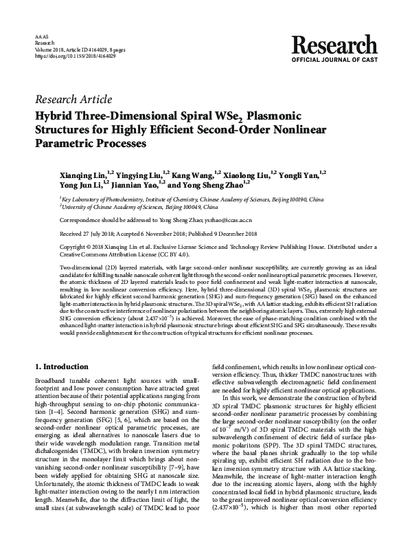 (PDF) Hybrid Three-Dimensional Spiral WSe2 Plasmonic Structures for Highly Efficient Second ...