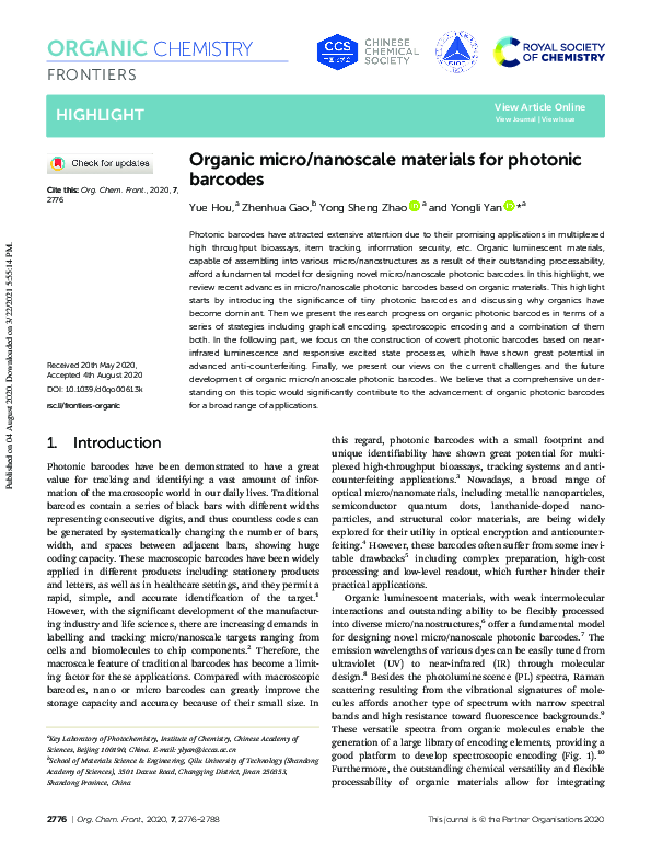 (PDF) Organic micro/nanoscale materials for photonic barcodes | Yongli ...