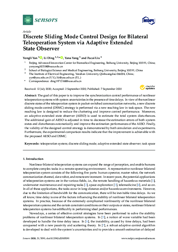 (PDF) Discrete Sliding Mode Control Design for Bilateral Teleoperation System via Adaptive ...
