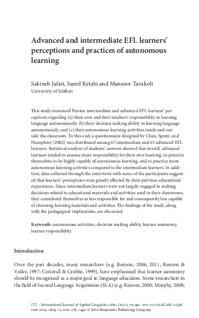 (PDF) Advanced and intermediate EFL learners’ perceptions and practices of autonomous learning