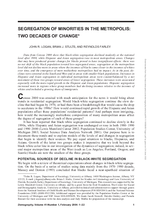 (PDF) Segregation of minorities in the metropolis: two decades of change