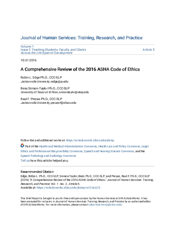 (PDF) A Comprehensive Review of the 2016 ASHA Code of Ethics