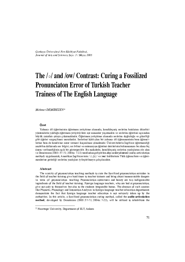 (PDF) The/ o / and / ow / Contrast: Curing a Fossilized Pronounciation Error of Turkish Teacher ...