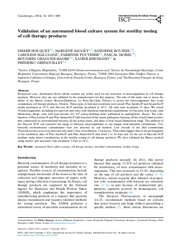 (PDF) Validation of an automated blood culture system for sterility ...