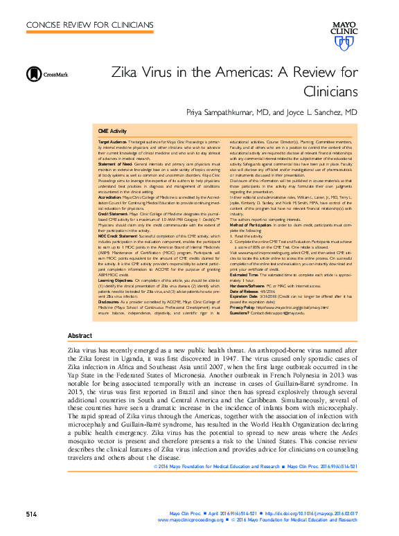 (PDF) Zika Virus in the Americas: A Review for Clinicians