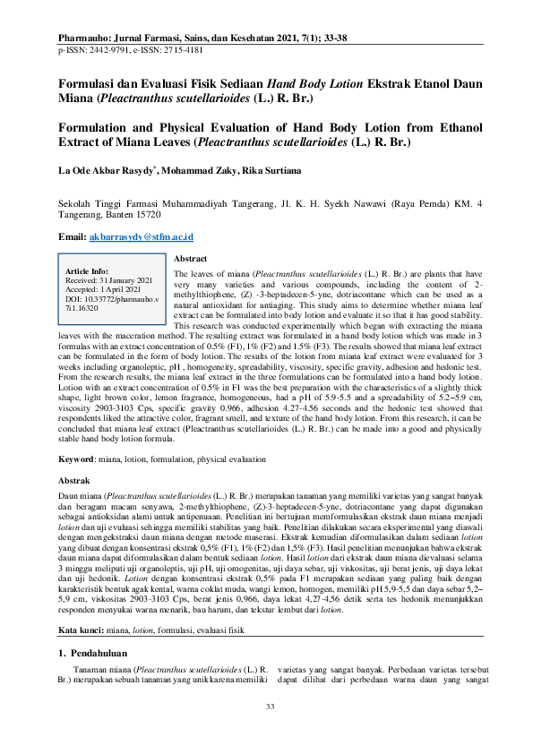 (PDF) Formulasi dan Evaluasi Fisik Sediaan Hand Body Lotion Ekstrak ...