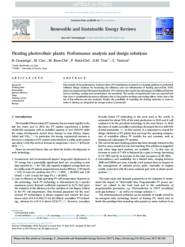 (PDF) Floating photovoltaic plants: Performance analysis and design solutions