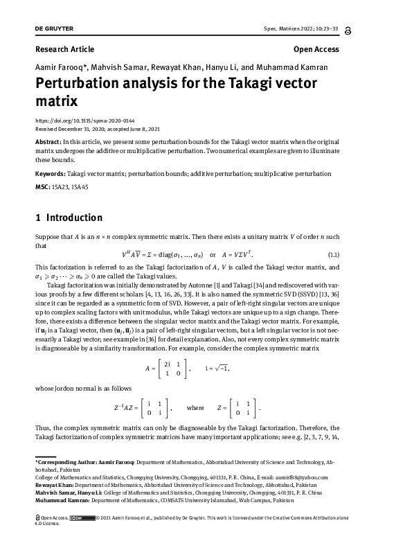 (PDF) Perturbation analysis for the Takagi vector matrix