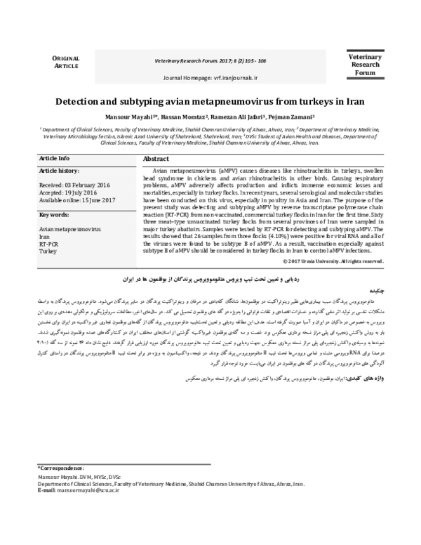 (PDF) Detection and subtyping avian metapneumovirus from turkeys in Iran