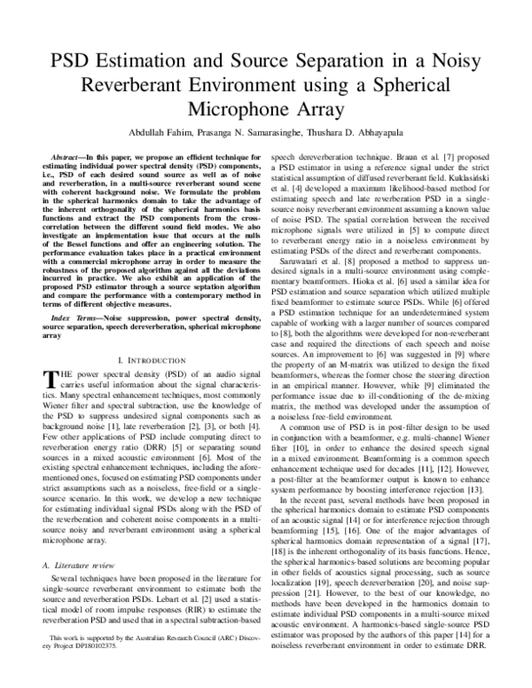 Pdf Psd Estimation And Source Separation In A Noisy Reverberant Environment Using A Spherical
