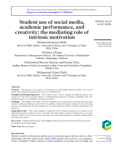 (PDF) Student use of social media, academic performance, and creativity ...