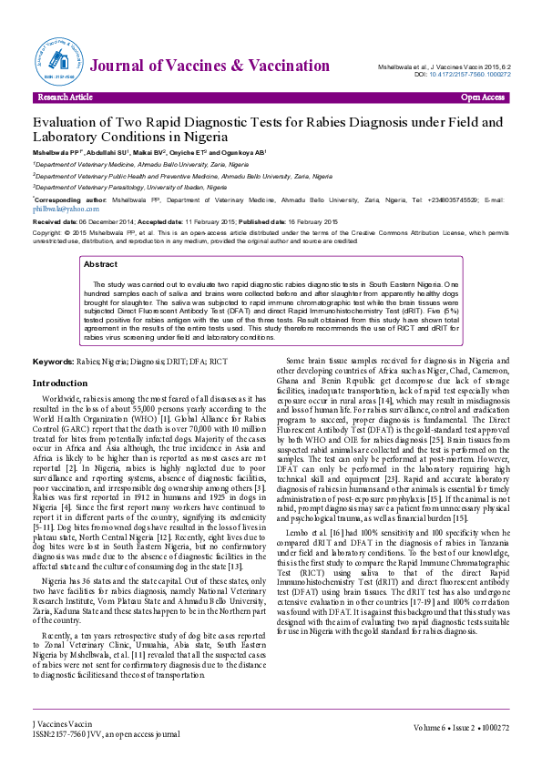 (PDF) Evaluation of Two Rapid Diagnostic Tests for Rabies Diagnosis ...