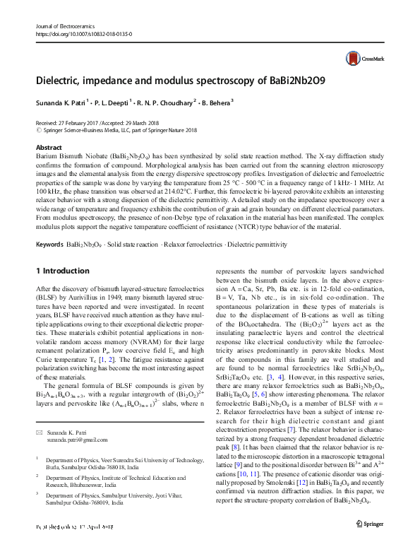 (PDF) Dielectric, impedance and modulus spectroscopy of BaBi2Nb2O9