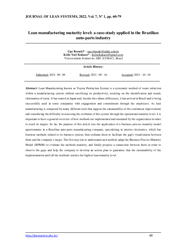 (PDF) Paper 18: Lean manufacturing maturity level: a case-study applied in the Brazilian auto ...