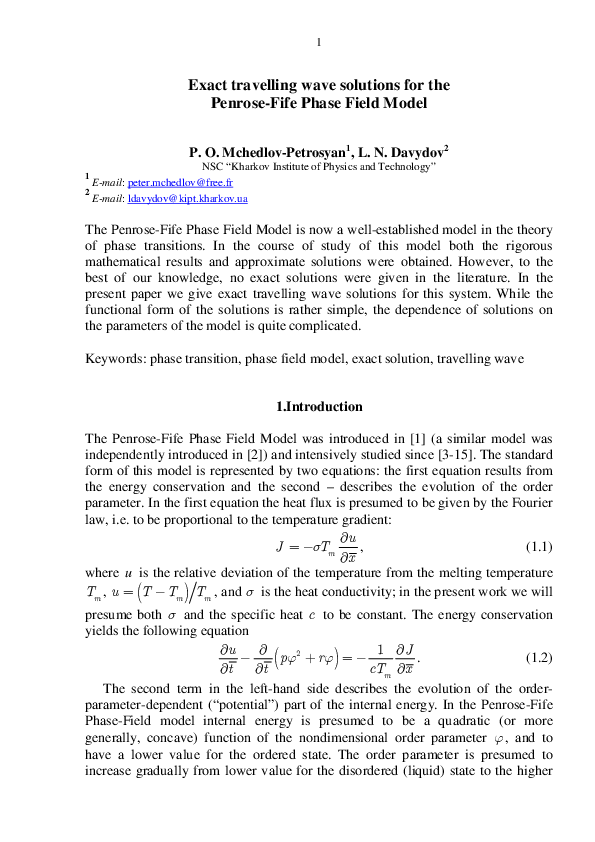 (PDF) Travelling wave solutions for the Penrose–Fife phase field model
