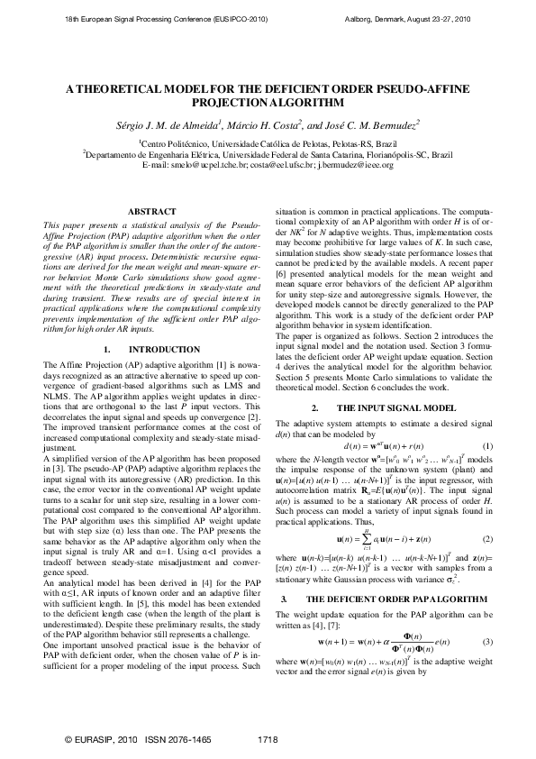 Pdf A Theoretical Model For The Deficient Order Pseudo Affine Projection Algorithm