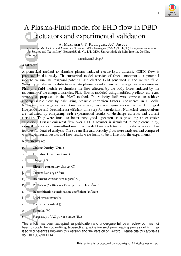 (PDF) A plasma‐fluid model for EHD flow in DBD actuators and experimental validation