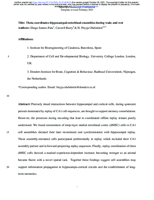 (PDF) Theta coordinates hippocampal-entorhinal ensembles during wake ...
