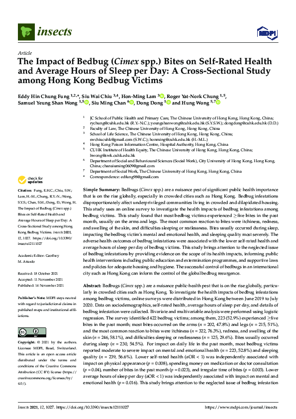 (PDF) The Impact of Bedbug (Cimex spp.) Bites on Self-Rated Health and ...