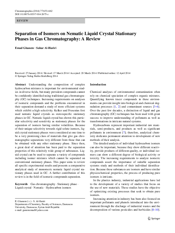 (PDF) Separation of Isomers on Nematic Liquid Crystal Stationary Phases ...