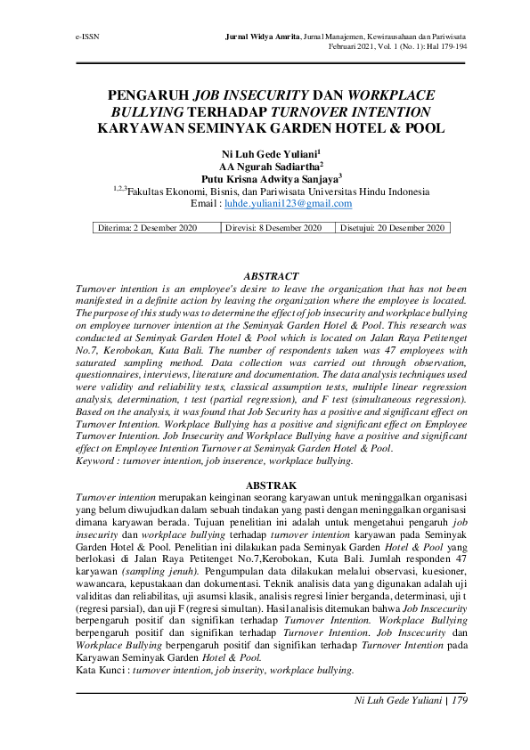 (PDF) Pengaruh Job Insecurity Dan Workplace Bullying Terhadap Turnover Intention Karyawan ...