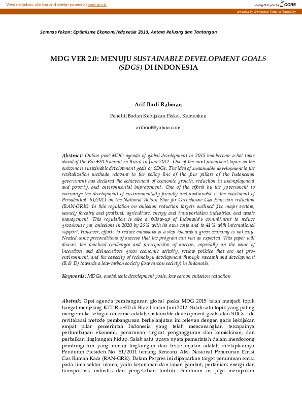 (PDF) MDG Ver 2.0: Menuju Sustainable Development Goals (SDGS) DI Indonesia
