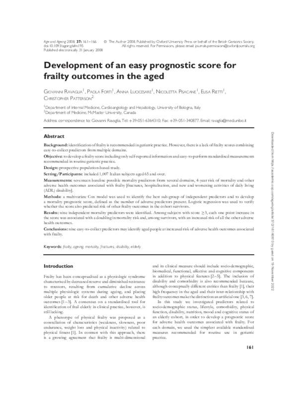(PDF) Development of an easy prognostic score for frailty outcomes in ...