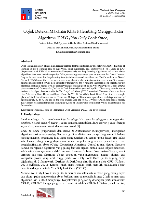 Pdf Objek Deteksi Makanan Khas Palembang Menggunakan Algoritma Yolo You Only Look Once