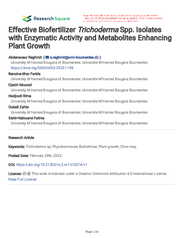 Pdf Effective Biofertilizer Trichoderma Spp Isolates With Enzymatic